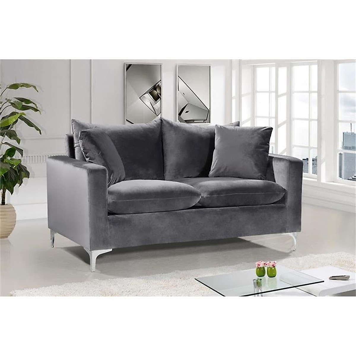 Meridian Furniture Naomi Collection Modern | Contemporary Grey Velvet Upholstered Loveseat with Stainless Steel Base in a Rich Gold or Chrome Finish, 633Grey-L