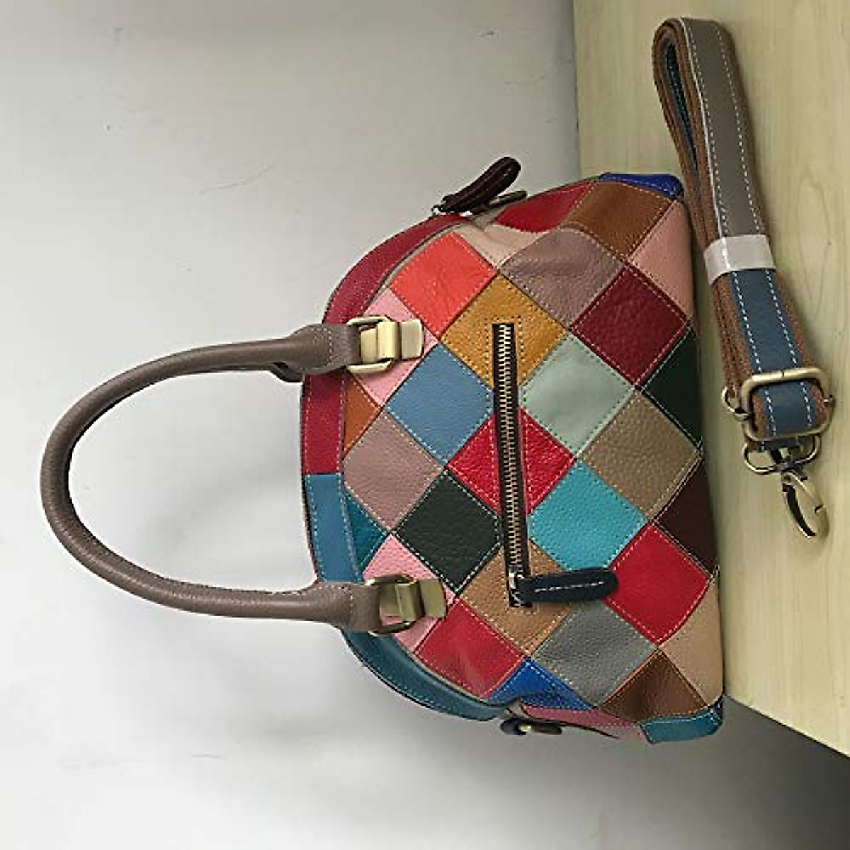Downupdown Genuine Leather Handbags Women Top Handle Handbags Multicolor Square Splice Satchel Bag Tote Purse with Long Strap