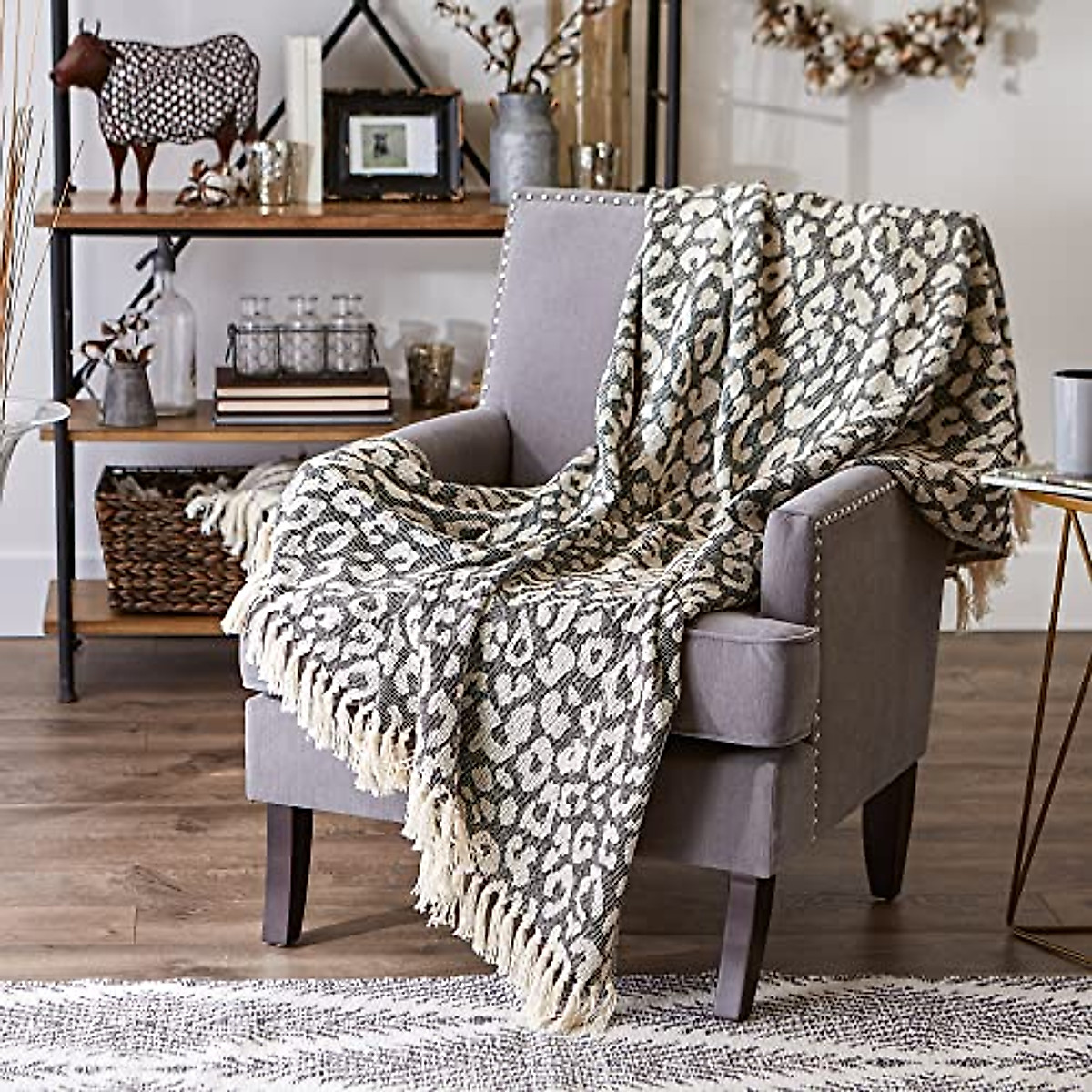 DII Bold Eclectic Leopard Woven Throw, 50x60, Black with White Spots