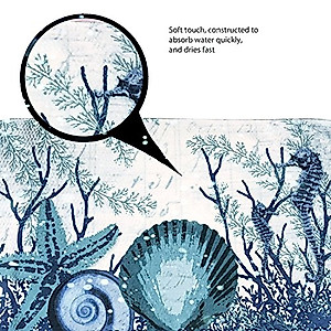 Amagical Sea Shells Seahorse Starfish Pattern 3 Piece Blue Ocean Shower Curtain Bath Mat Set Non Slip Bathroom Mat Contour Mat Fabric Shower Curtain with 12 Hooks