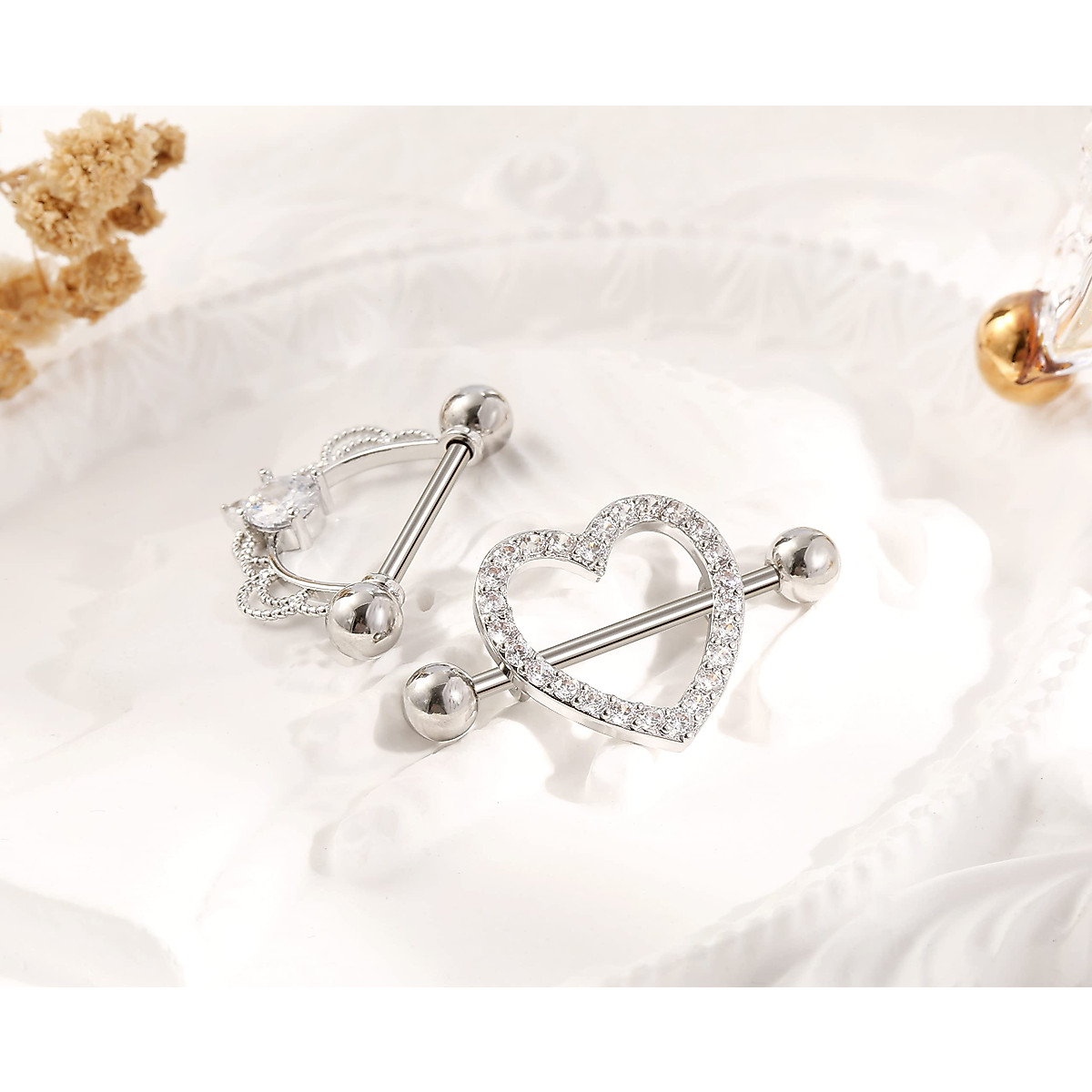 Shakalaka Surgical Steel Nipple Rings Body Piercing Jewelry for Women with Cute Heart 14g Silver