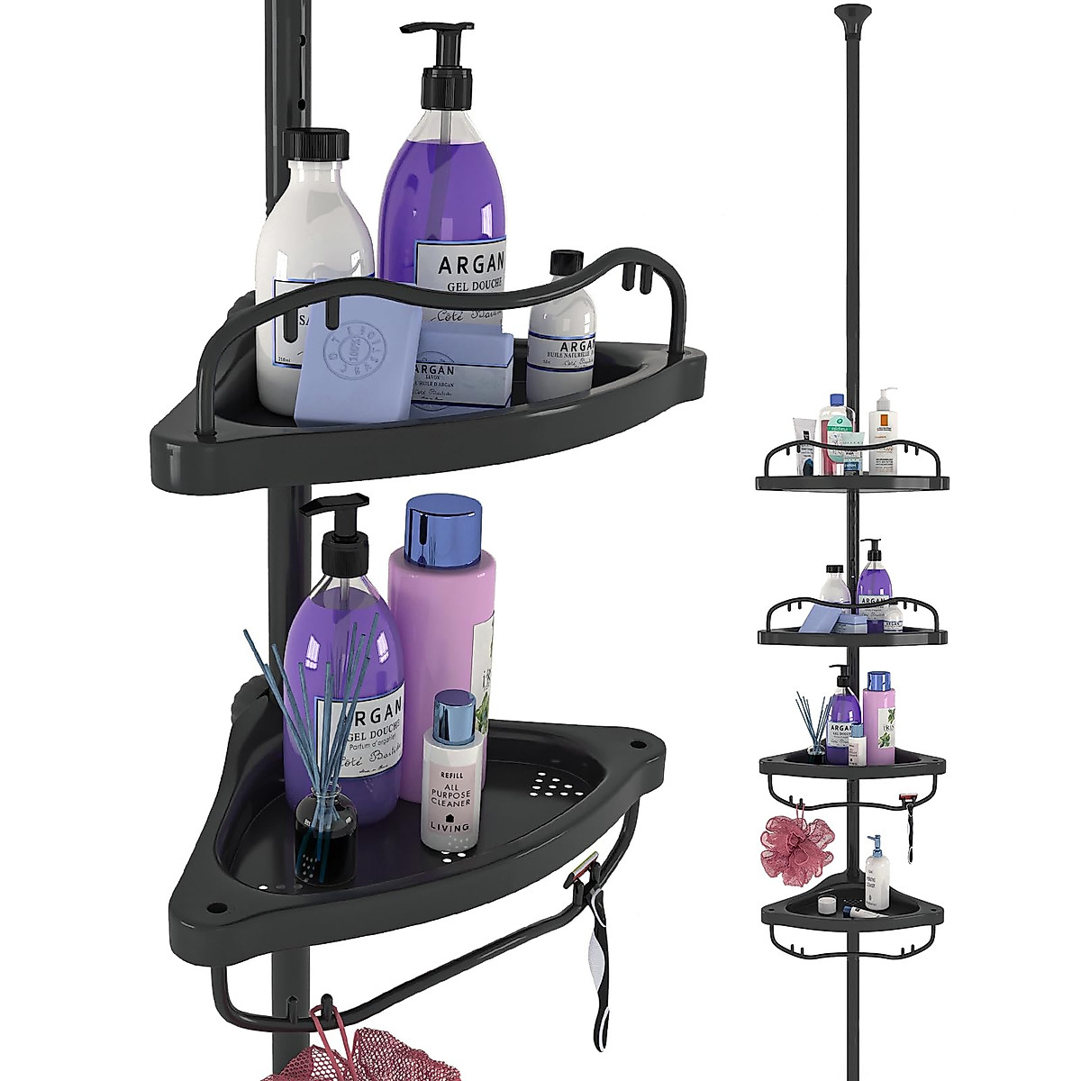 Corner Shower Caddy Organizer with Tension Pole, Adjustable Rustproof Shower Caddy with 4 Tier Shelf for Bathroom Bathtub Tub Shampoo Accessories - 38 to 116 inch Height, Black