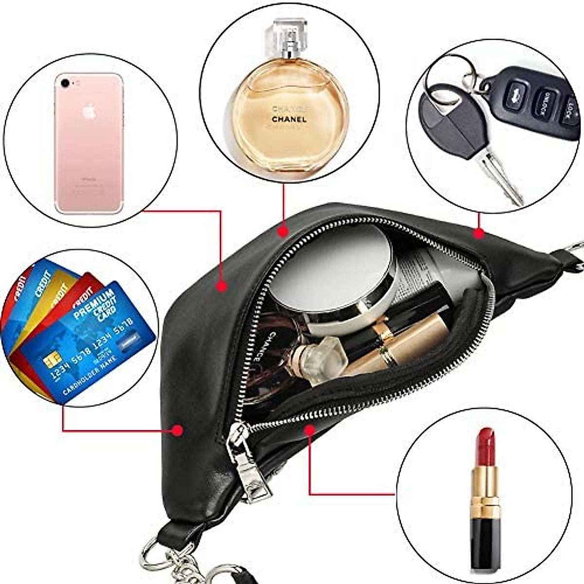 BigBigMe Fanny Pack for Women, Fashion Leather Waist Bag Belt Bag with Adjustable Strap Crossbody bag Chest Bag Phone Purse with Metalic Chain, Gifts for Women, Black