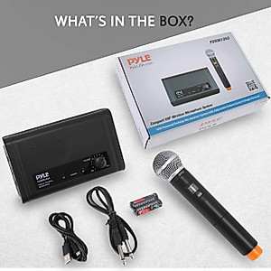 PYLE Compact UHF Wireless Microphone System - Pro Portable Single Channel Desktop Digital Mic Receiver Set w/ 1 Handheld Mic, Receiver Base, USB Cable, Battery, for Home, PA, Karaoke, DJ PDWM1950
