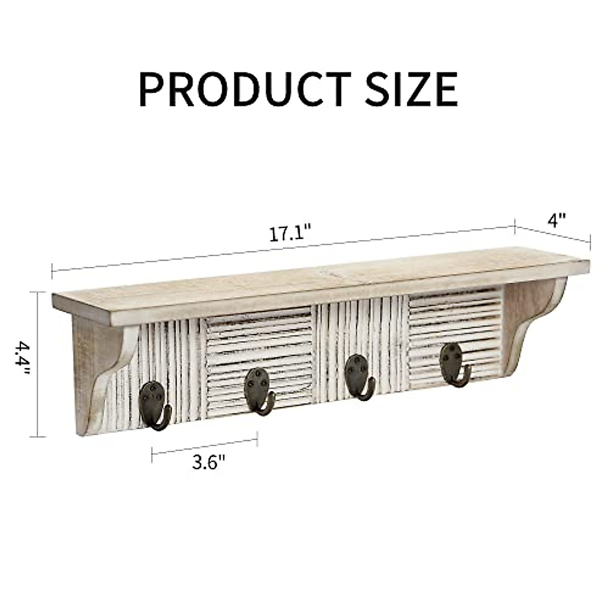ZONECYTD Rustic 17" Small Wood Farmhouse Entryway Hat Floating Wall Shelves Mounted Shelf, Hanging Purse Bag Backpack Shelves for Wall Decor with Hooks for Kitchen Bedroom Bathroom, White