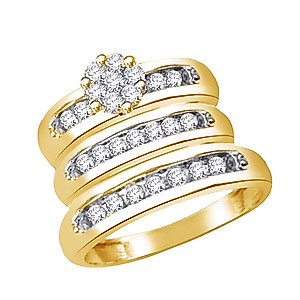 AFFY 3/4 Cttw White Natural Diamond Engagement & Wedding Trio Band Ring Set in 14k Yellow Gold Over Sterling Silver (0.75 Carat)