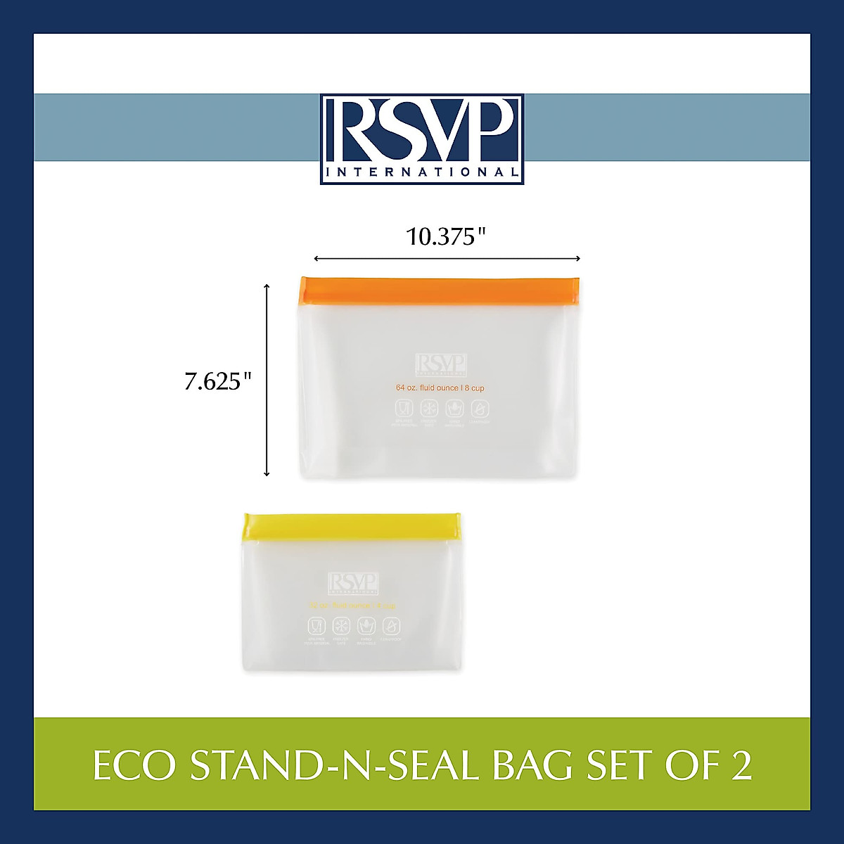 RSVP International Reusable Food Storage Collection ECO Seal Bags, Stand-N-Seal Set, Orange/Yellow