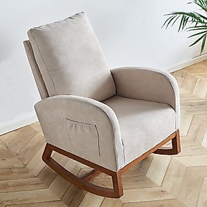 CALABASH Rocking Chair Nursery,Modern Comfy Armchair with Side Pocket,Mid-Century Upholstered Glider Rocker Chairs for Baby/Kids Room and Living Room (New Beige)