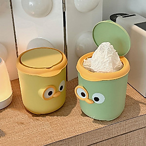 WOOXGEHM Plastic Mini Trash Can with Lid, Cute Cartoon Design, Small Desktop Trash Can for Home/Office/Kitchen/Dresser Desktop/Bedroom/Bathroom(Yellow)