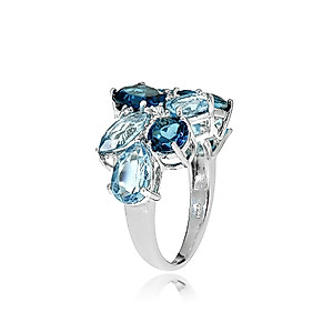 Ice Gems Sterling Silver Genuine London Blue, Blue Topaz, and White Topaz Cluster Tonal Ring