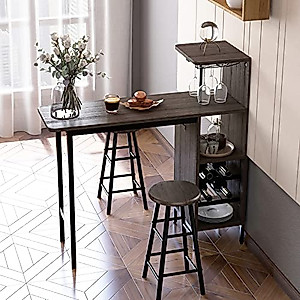 GOFLAME Bar Table and Chairs Set for 2, Counter Height Dining Table Set with Shelves, Cup Holder & Wine Rack, Breakfast Table & Chair Set, 3-Piece Pub Table Set for Kitchen, Dining Room