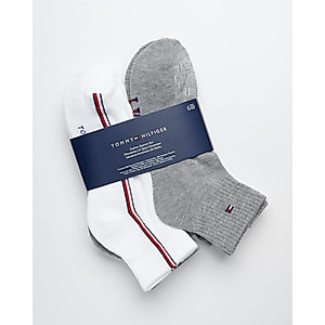 Tommy Hilfiger Men's Quarter Socks - 6 Pack Cushioned Men's Athletic Ankle Socks - Breathable Sports Socks for Men (7-12), Size 7-12, White Multi