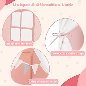 HONEY JOY Kids Play Tent, Toddler Tent Indoor Playhouses with Mat, Windows, Curtain, Solid Wood Frame, 52" x36" x 52", Large Children Princess Castle Play Tent for Boys Girls (Pink)