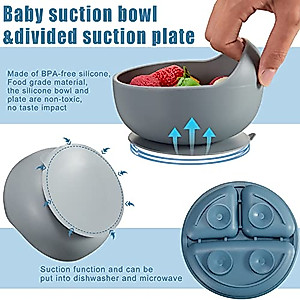 14 Pack Baby Feeding Set, Silicone Baby Led Weaning Feeding Supplies with Suction Bowl Divided Plate Adjustable Bib Soft Spoon Fork Snack Cup with Lid Drinking Cup, Utensil (Blue, Grey)