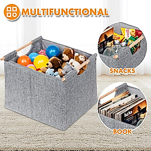 ShellKingdom Large Storage Bins, Foldable Linen Fabric Storage Baskets for Shelves, Cloth Storage Organizer Drawer for Closet Toys Storage with Wooden Handles for Home, Office, 12.59x14.96 inch, Grey