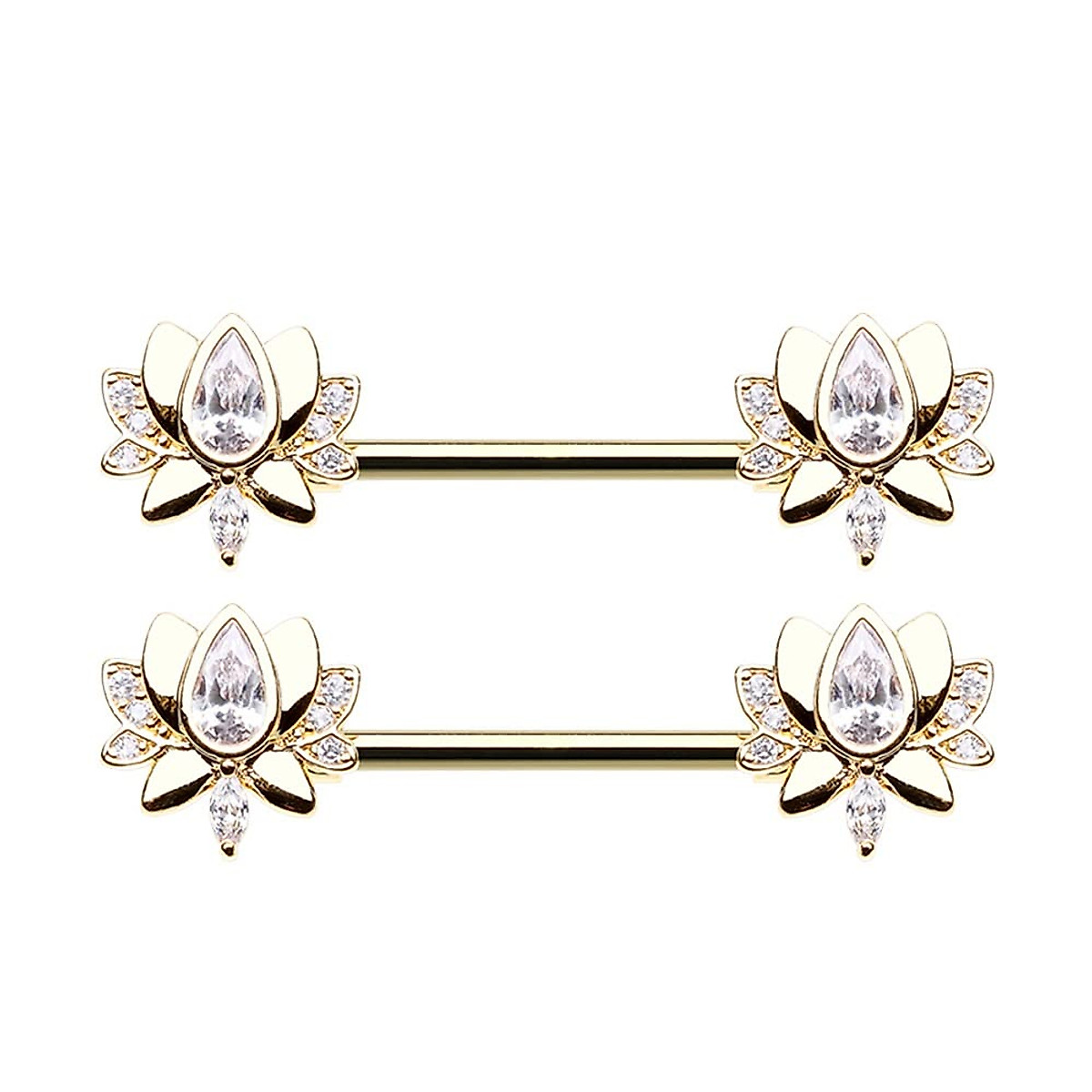 14GA Stainless Steel CZ Crystal Blooming Lotus Flower Nipple Barbells, Sold as a Pair (Gold Tone)