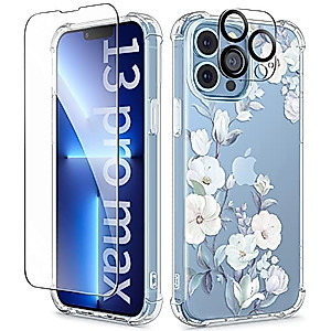 GVIEWIN for iPhone 13 Pro Max Case with Screen Protector + Camera Lens Protector, Soft Shockproof Clear Floral Phone Protective Case Cover for Women Girls, Flower Pattern Design (Hibiscus)