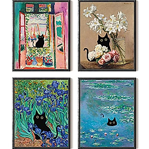 Funny Black Cat Wall Art Prints, Monet, Matisse, Eclectic Aesthetic Vintage Wall Decor, Set of 4, Unframed, 8x10 Inch