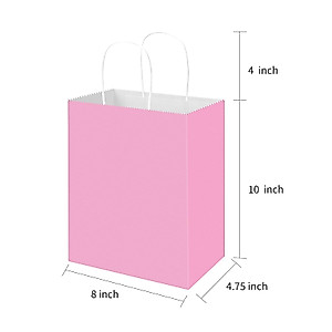 Toovip 100 Pack 8x4.75x10 Inch Medium Light Pink Kraft Paper Bags with Handles Bulk, Gift Wrap Bags for Favors Grocery Retail Party Birthday Shopping Business Goody Craft Merchandise Take Out Bags