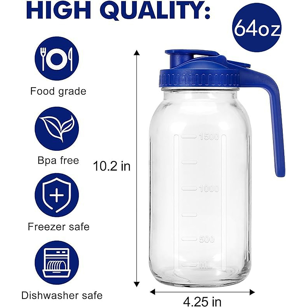 3 Pack 64 oz Wide Mouth Mason Jar Pitchers with Airtight Lids – Leak-Proof Glass Sun Tea Pitchers with Handle for Juices, Milk, Drinks, and Iced Coffee