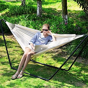 Gafete Hammocks with Stand Included Space Saving Steel V-Stand Heavy Duty for 2 Person Indoor Outdoor Patio 450 lbs Capacity (Natural)