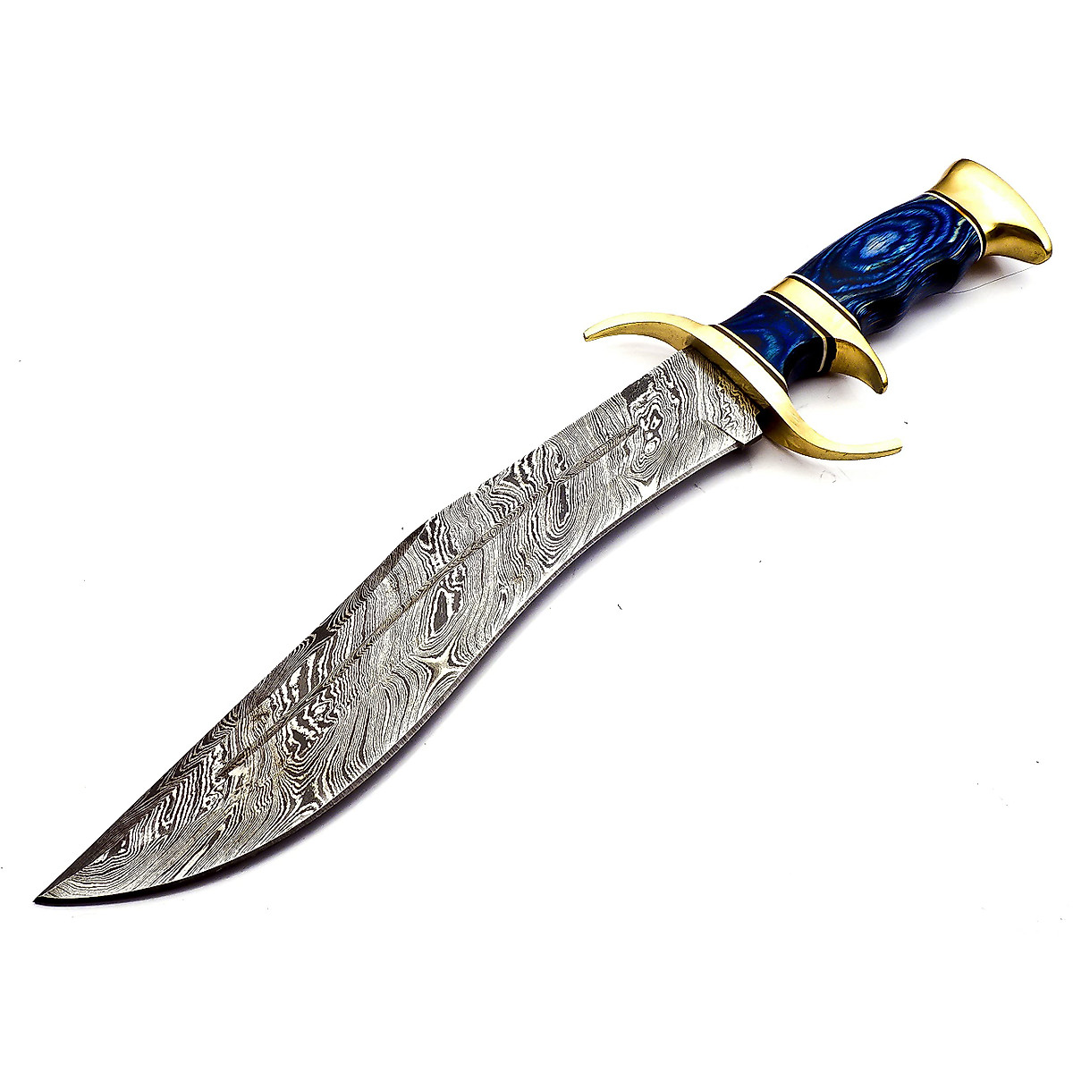 Skokie Knives Damascus Steel Kukari Knife With Blue Pakka Wood h & Brass Guard –15” Handmade Premium Quality Sharp Edge Fix Blade -Genuine Multipurpose Knife Ideal for Hunting, Camping (Kukri Blue)