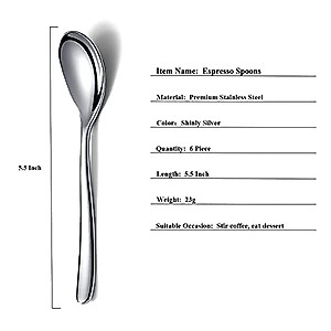 Demitasse Espresso Spoons, 5.5'' Mini Coffee Spoons, Stainless Steel Small Spoons,Tea Spoons for Dessert, Set of 6, Dishwasher Safe (Silver)