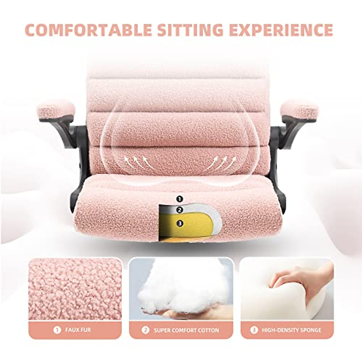 SEATZONE Home Office Desk Chair, High Back Chair Ergonomic Lumbar Support Chairs with Wheels and Flip-up Armrest Adjustable Computer Backward Tilt, Pink