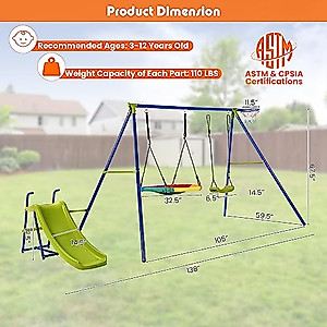 Costzon Swing Sets for Backyard, 4-in-1 Heavy Duty Large Metal Swing Frame w/2 Adjustable Swings, Slide, Basketball Hoop, Play Equipment for Indoor Outdoor Gift Kids 3-12 Years Old