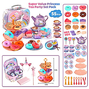 55Pcs Tea Party Set for Little Girls, Princess Tea Party Set, Unicorn Kid Tin Tea Set,Kids Kitchen Pretend Toy, Toddler Tea Party Sets for Girls 3-5, Girls Tea Party Set Gift for 4 + Year Old Girl