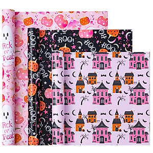 WRAPAHOLIC Halloween Wrapping Paper Roll - Mini Roll - 3 Rolls - 17 Inch x 120 Inch Per Roll - Dark Magic Castle, Ghost, Pumpkin Design for Halloween, Holiday, Party