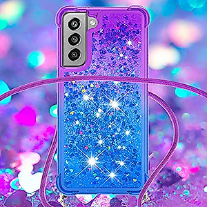 CCSmall Samsung Galaxy S21 FE (Not S21) Case,Strap Crossbody Gradient Quicksand Bling Sparkle Flowing Liquid Floating with Neck Cord Lanyard Strap Cover for Samsung Galaxy S21 FE LSGS Purple Navy