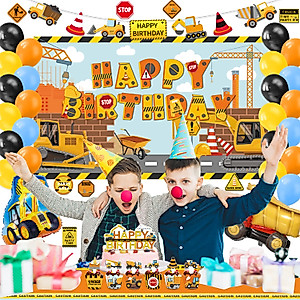 Mpanwen Construction Birthday Party Supplies, 136 Pcs Dump Truck Party Decorations for Boys Baby - Backdrop, Banner, Toppers, Balloons, Cupcakes Wrappers, Party Traffic Signs, Tablecloth