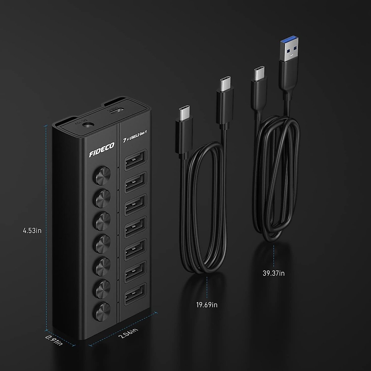 FIDECO Powered 7-Port USB Hub, USB 3.2 Gen 1 Data Hub with Independent On/Off Switch, USB Splitter with USB C to C Cable, USB A to C Cable and 12V 2A Power Adapter
