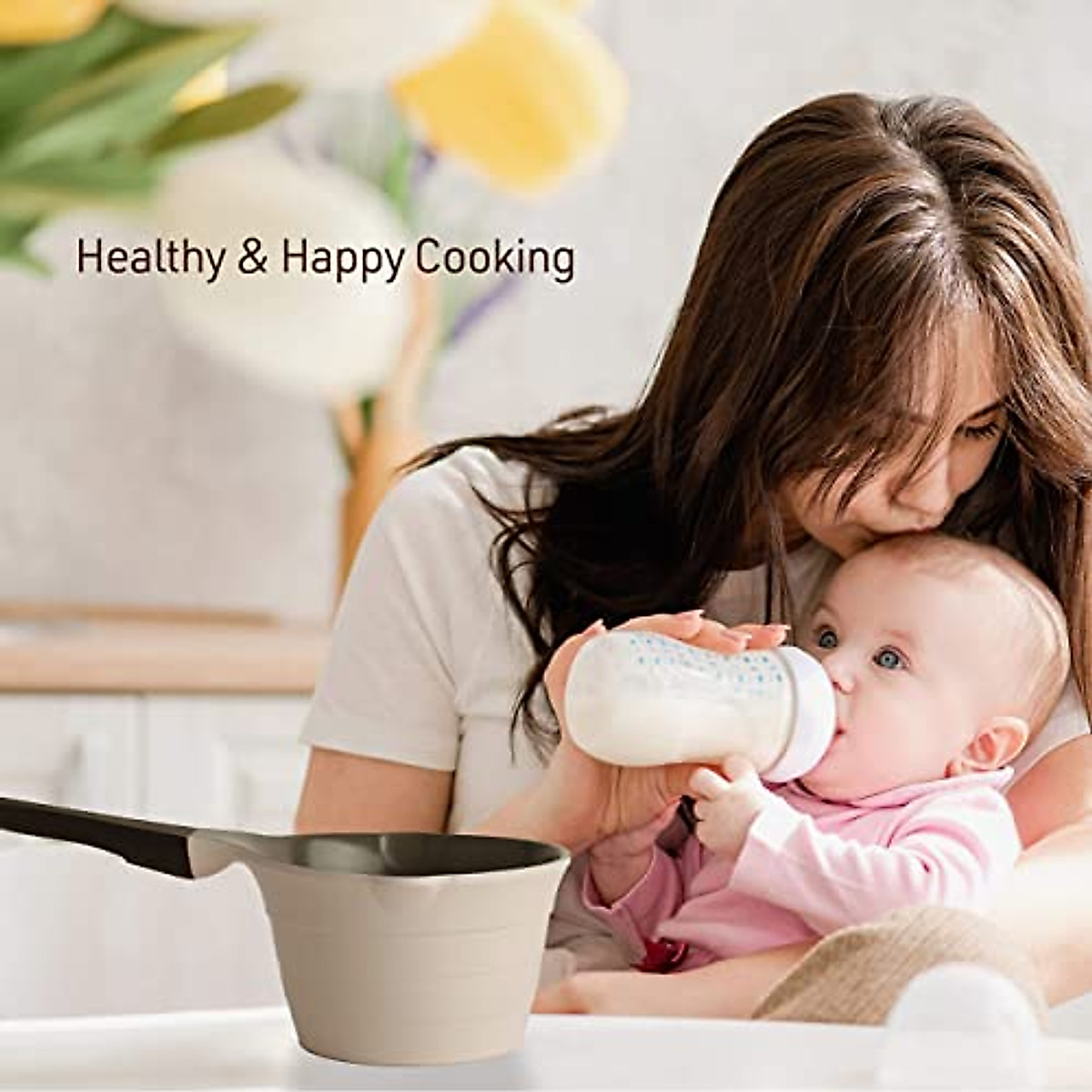 Neoflam 1qt Saucepan Butter Warmer Milk Boiling|Melting Pot, Ecolon Healthy Ceramic Nonstick Coating PFOA-free, 2 Pour Spouts, Dishwasher Safe, Ivory