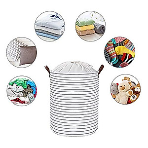 FRIENDIY Large Laundry Hampers (9 Colors), Removable Laundry Basket,foldable fabric laundry basket, drawstring waterproof round cotton linen storage basket. (White Strips, Thickened 19"/Large)