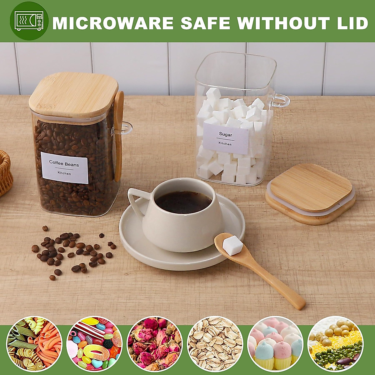 Flour and Sugar Containers - 34 oz Glass Jar with Bamboo Lid and Spoon, Sugar Holder and Canister for Countertop, Glass Containers for Coffee Beans, Tea, Flour, Nuts, Candy and Cookie (Set of 2)