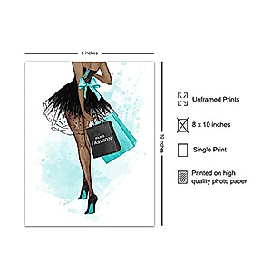 Light Blue Fashion Designer Wall Art - Black Woman, African American Women, Teens, Girls Bedroom - High Fashion Design Wall Decor - Glam Gifts for Latina, African American Woman - Black Culture