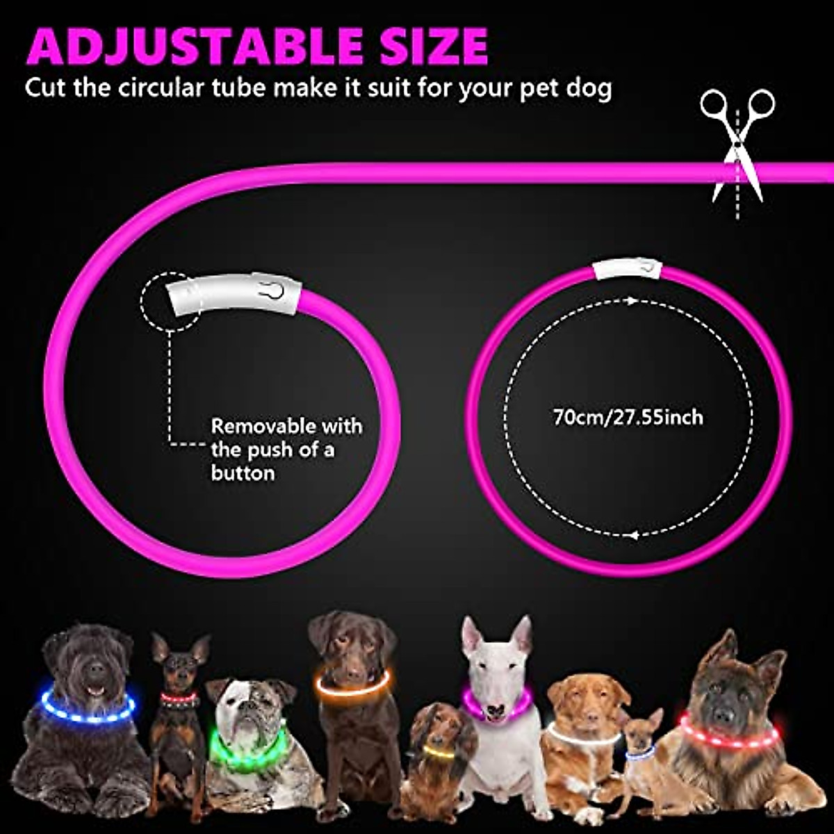 Light Up Dog Collars, Led Dog Collar for Pet Safety in Dark, Waterproof Rechargeable Dog Collar Light, Adjustable Size fit Most Dog, 3 Light Modes Dog Lights for Night Walking & Camping