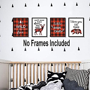 HLNIUC Woodland Animals Buffalo Plaid Nursery Wall Art,Red&Black Forest Deer Art Print,Set Of 6 (8”X10”,Unframed) Inspirational Kids Room Canvas Poster,Little Man Cave Decor For Boy Bedroom,Playroom
