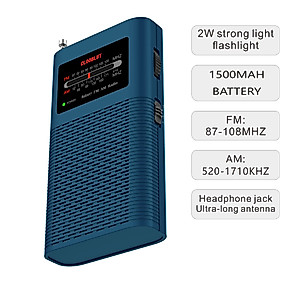 Portable Pocket AM FM Transistor Radio Powerful Flashlight Powered by 1500mah Battery (Included),Ultra-Long Antenna Best Reception Best Sound Quality (Blue)