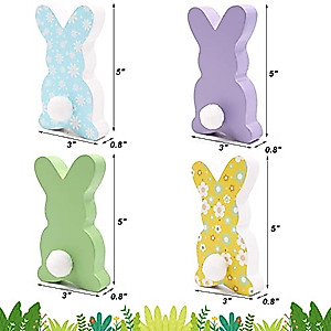 Easter Wood Bunnies, Easter Tiered Tray Peeps Decor 4 PCS, Spring Rabbit Wooden Decorations, Pastel Purple Green Bunny Decors with Cotton Tails, Rustic Easter Farmhouse Bowl Fillers Riser