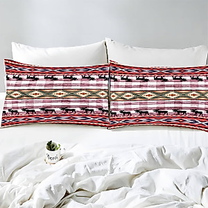 Rustic Deer Duvet Cover Set Queen, Country Lodge Cabin Red Buffalo Plaid Moose Animal Themed Bedding Set, Decorative 4 Piece Set With 2 Pillowcases 1 Sheet for Kids Adults Teens Bedroom Decor