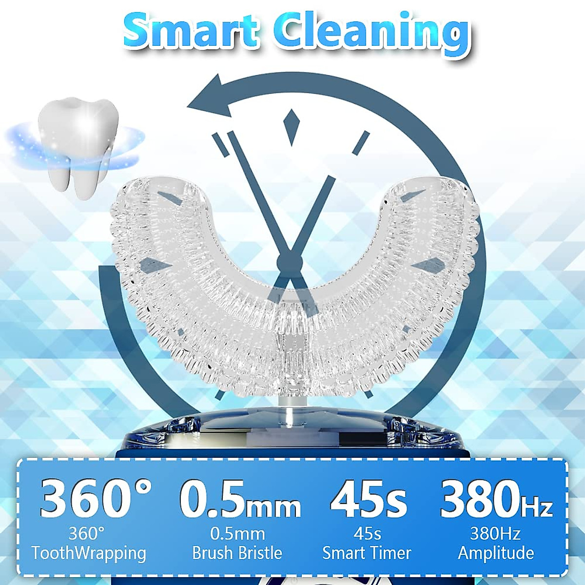 Kids Ultrasonic Electric Toothbrush, U Shaped Rechargeable Automatic Toothbrushes with Replacement Brush 6 Cleaning Mode Smart Timer 360° Sonic Dental Care for Ages 2-7 Child (Blue)