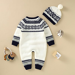 Wugugu Baby Girls Boys Rompers Caps Outfit Newborn Infant Knitted Jumpsuits Hats Suit Unisex Retro Long Sleeve Soft Warm Winter Spring Bodysuit Clothes White 6-12 Months
