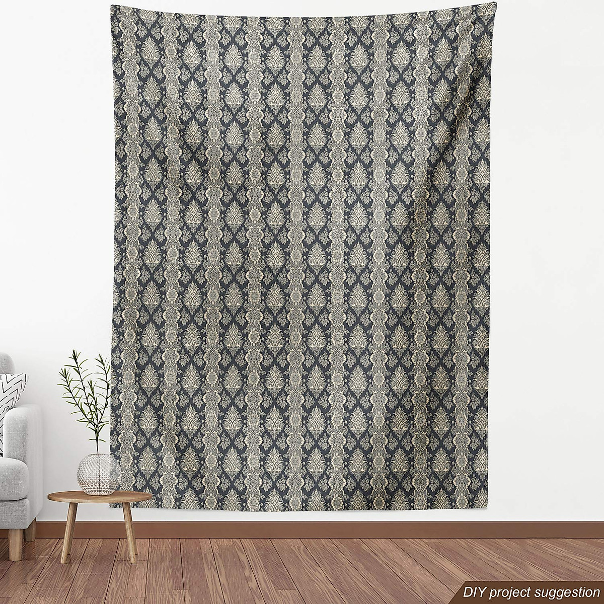 Ambesonne Damask Fabric by The Yard, Victorian Style Baroque Classic Pattern with Ornamental Floral Leaves Image, Decorative Fabric for Upholstery and Home Accents, Charcoal Grey Cream