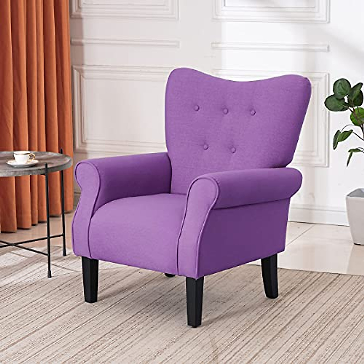 YOLENY Modern Accent Chair,High Back Armchair,Upholstered Fabric Button Single Sofa with Wooden Legs for Living Room, Bedroom, Club, Purple