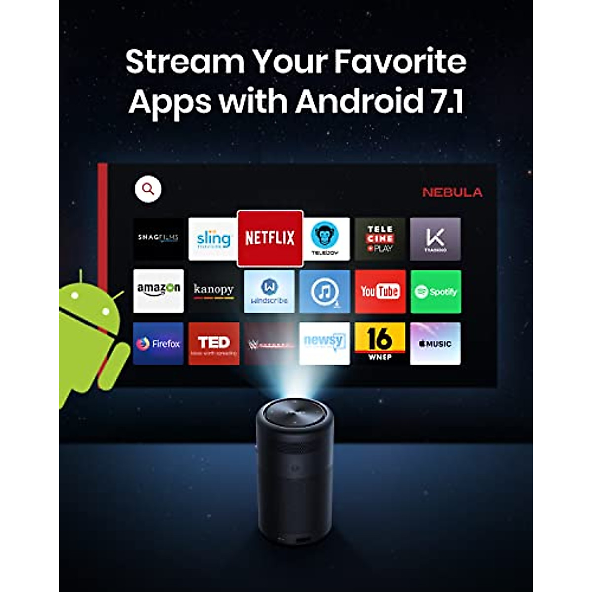 Anker NEBULA Capsule, Smart Wi-Fi Mini Projector, 100 ANSI Lumen Portable Projector, 360° Speaker, Movie Projector, 100 Inch Picture, 4Hr Video Playtime for Inside and Outside, Watch Anywhere