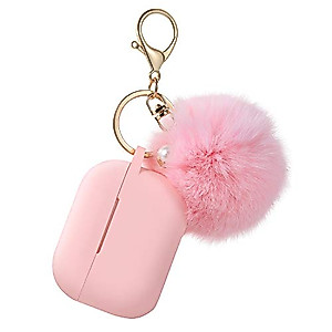 Protective Case Cover for Airpods Pro Charging Case, Upgraded Air Pods Silicone Case Skin Newest with Soft Cute Ball Pom Pom Keychain Kit (A, Pink)
