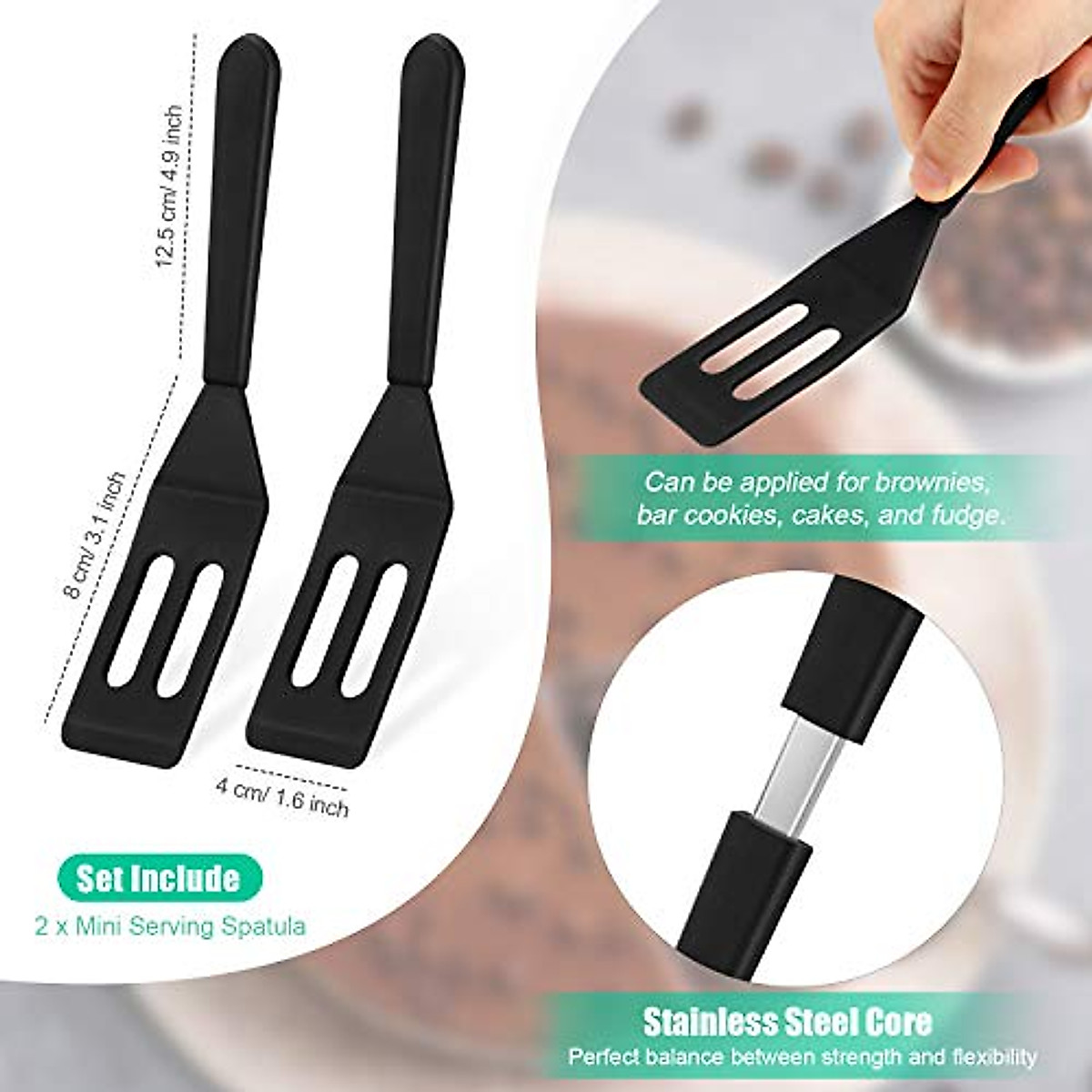 Mini Brownie Serving Spatula Flexible Nonstick Silicone Serve Turner Heat-Resistant Cookie Spatula Slotted Spatula for Flip Egg in Small Frying Pan Cookie Batter Lemon Square (Black, 2)